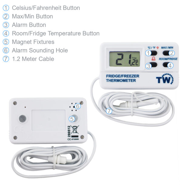 Digital Fridge Freezer Thermometer With Warning Alarm & Max Min