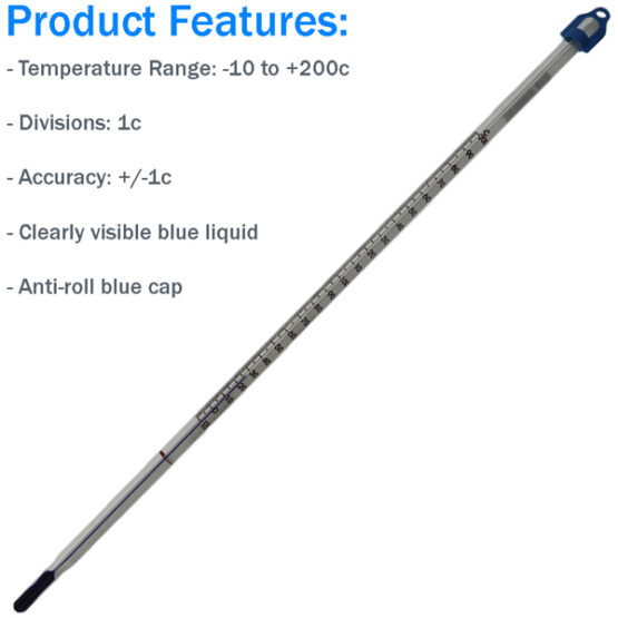 300mm Blue Spirit Laboratory Thermometer -10 to +200 Range