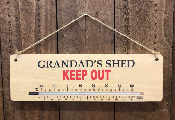 Large 380mm Wooden Thermometer Sign - Grandad's Shed, Keep Out - TW